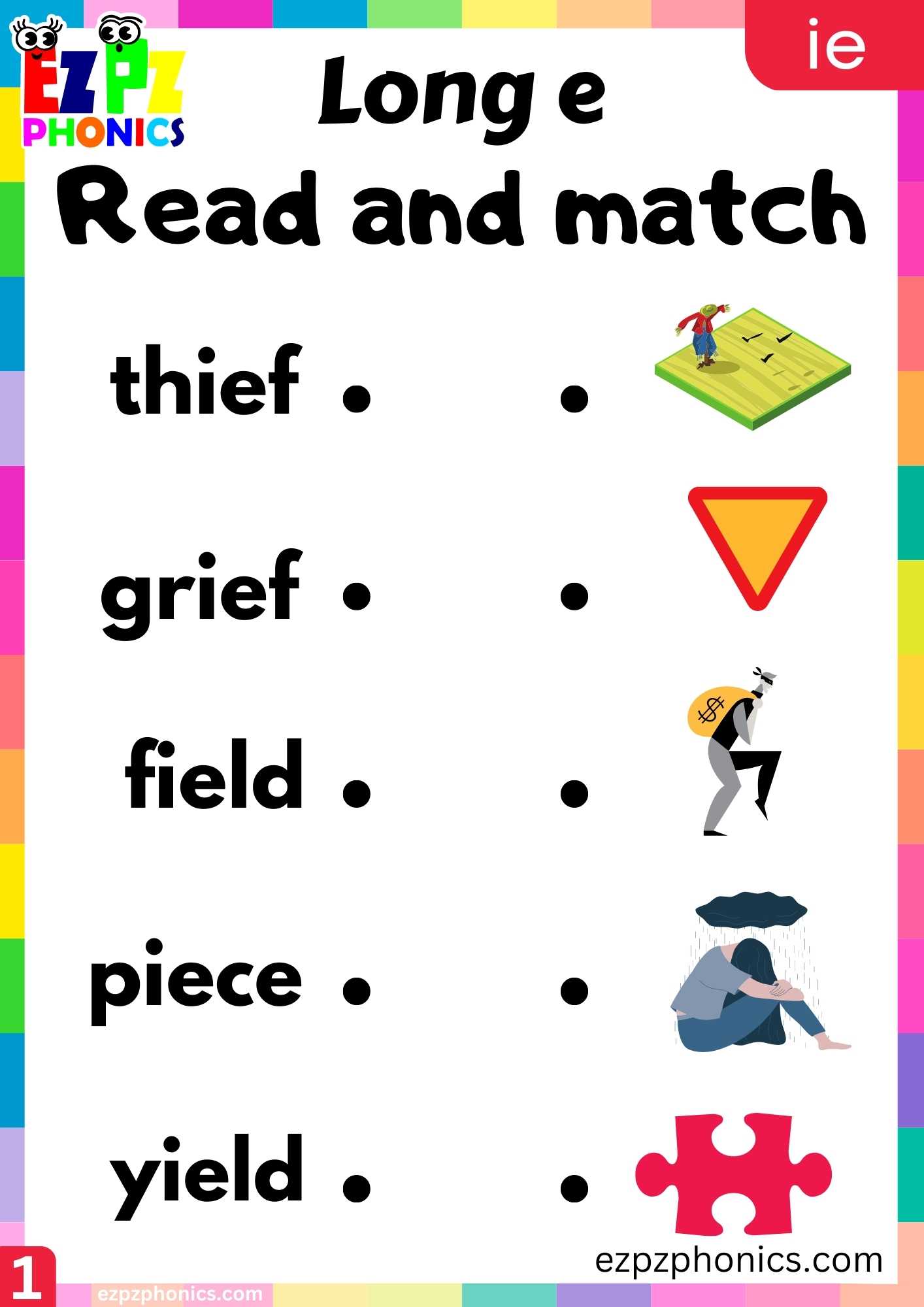 IE Words Read And Match Long E Phonics Worksheet - ezpzphonics.com